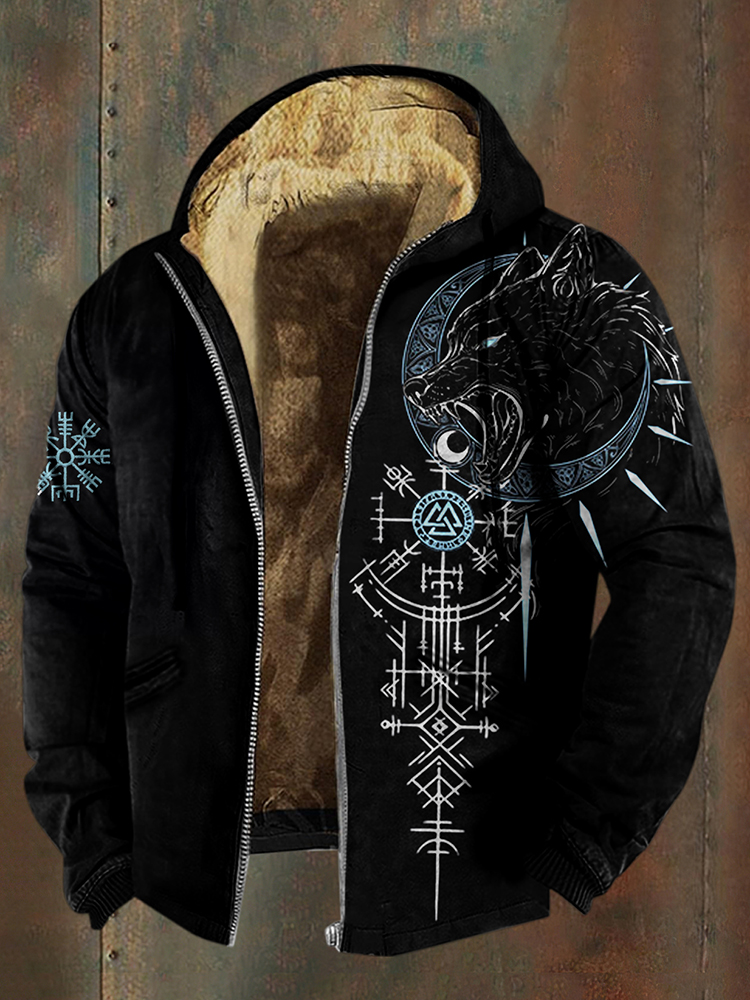 Dravoks Men's Viking Wolf Runes Pattern Zipper Jacket