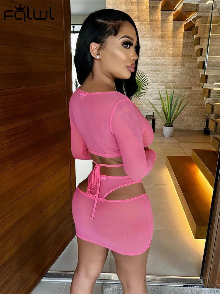 Toloer Summer Clothes Sexy 2 Two Peice Sets Skirts Women Long Sleeve Crop Top Hollow Out Mini