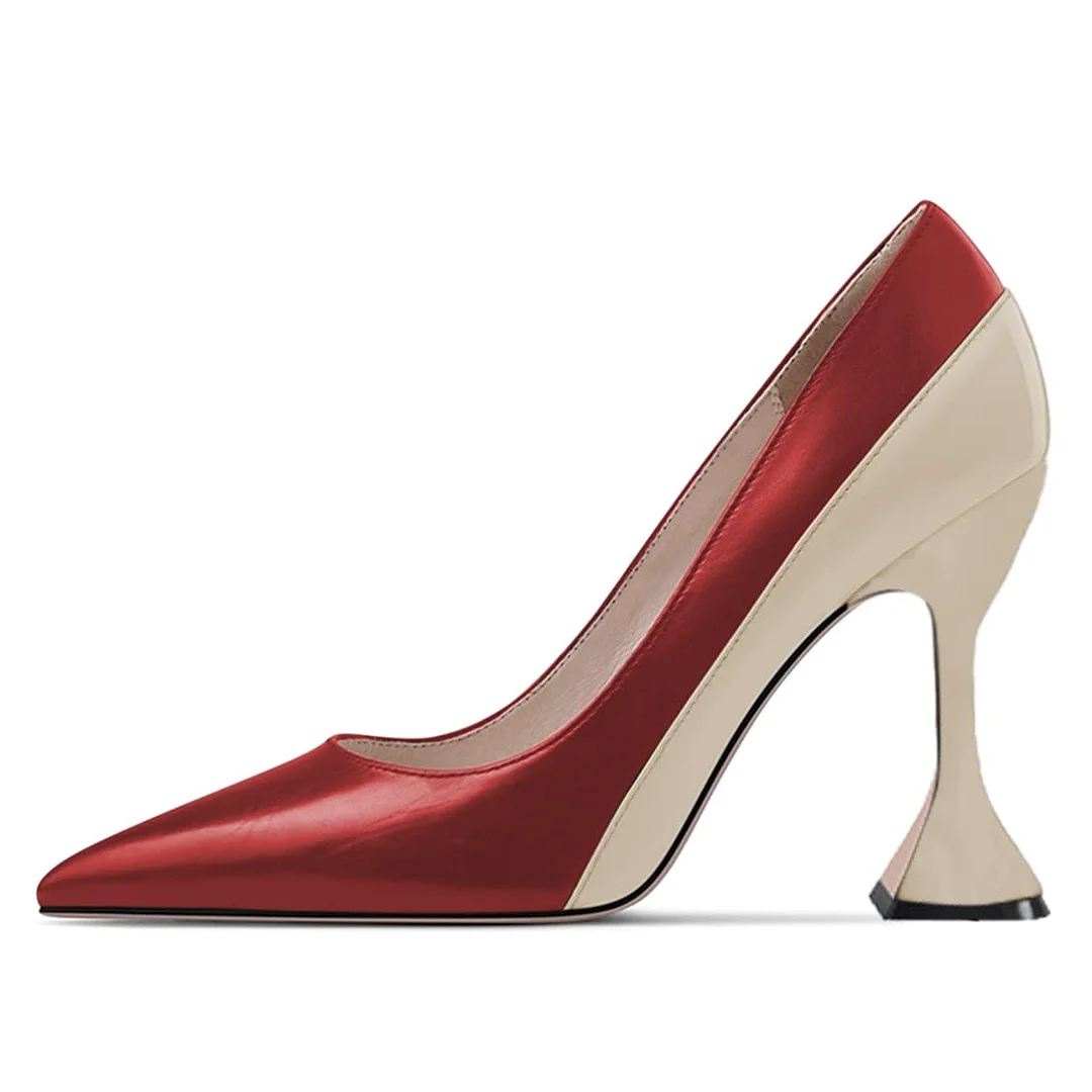Red & Ivory Vegan Leather Pointed Flared Heel Pumps for Elegant Women