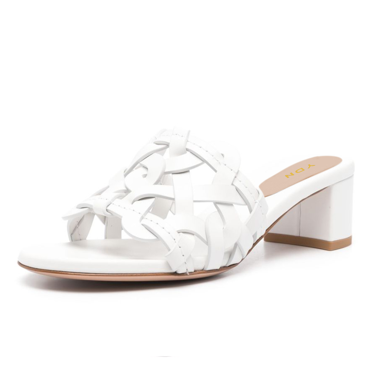 YDN White Woven Open Round Toe Slide Sandals with Block Heels