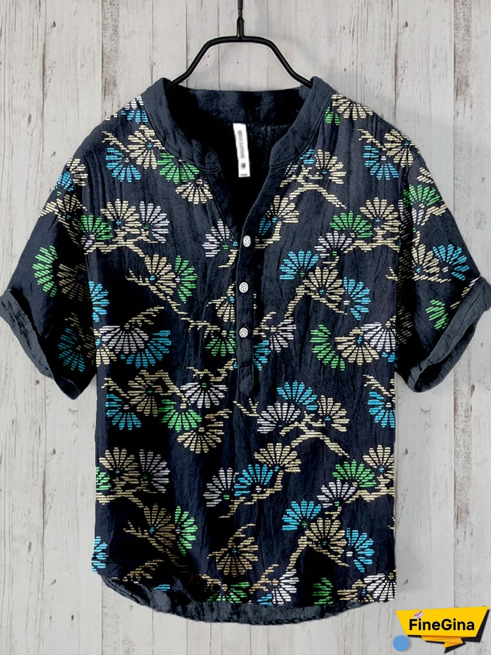FineGina Branches of Japanese Matsu Pine Pattern Linen Blend Shirt