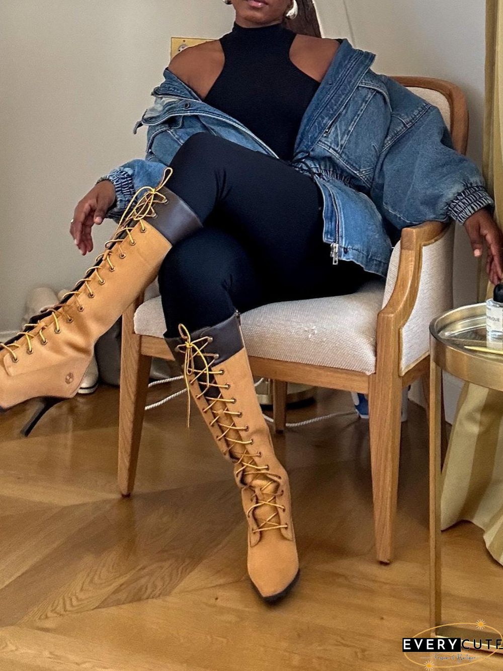 Tooling Denim Jacket With Drawstring And Vertical Collar