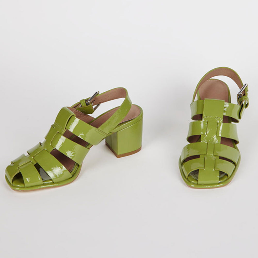 Caged Square Toe Patent Leather Block Heel Sandals in Green