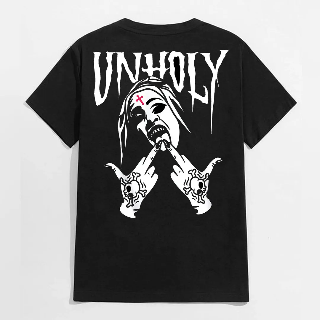 UNHOLY Nun with Skull Tattoo lack Print T-shirt