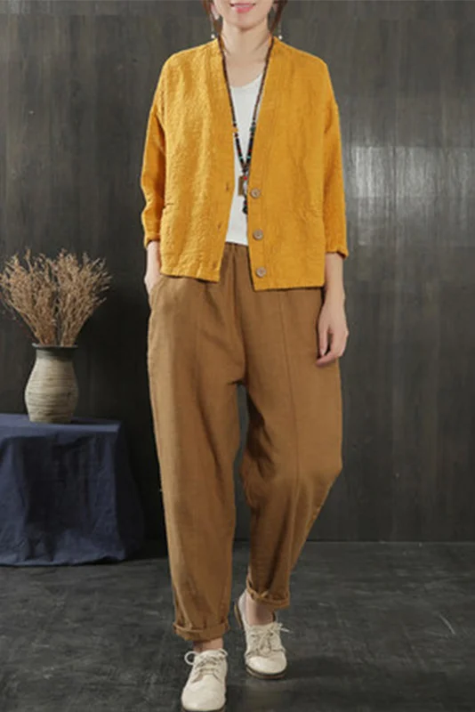 2021 V-neck Cotton & Linen Thin Long-sleeved Jacket