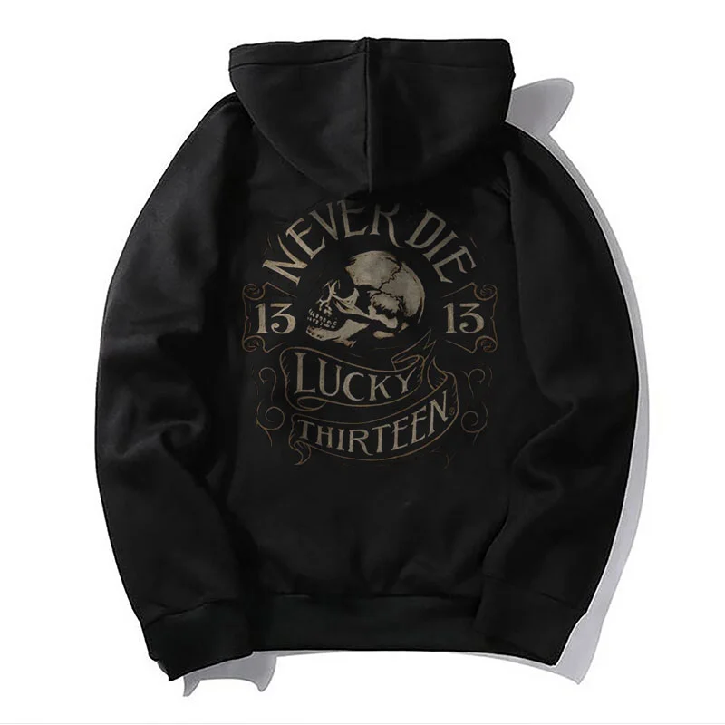 NEVER DIE LUCKY THIRTEEN Skull Graphic Black Print Hoodie