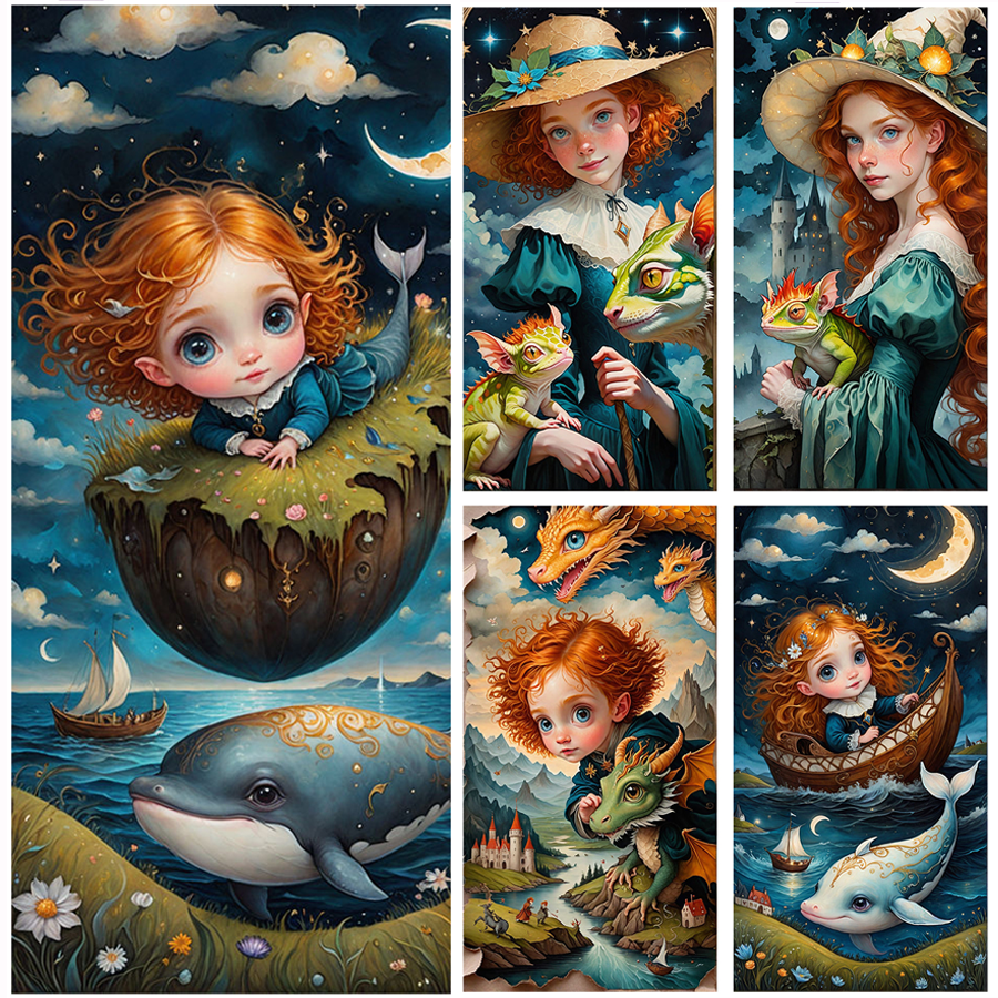 Fantasy Red Haired Girl And Dragon 40*75CM (Canvas) Diamond Painting