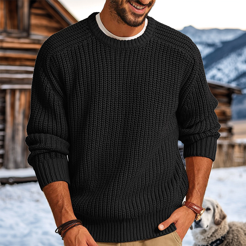 Men's Retro Western Style Knitted Sweater Crew Neck Pullover Black
