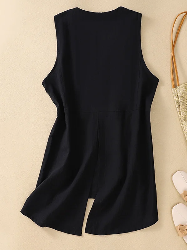 Relaxed Sleeveless Buttoned Solid Color V-Neck Vest Top