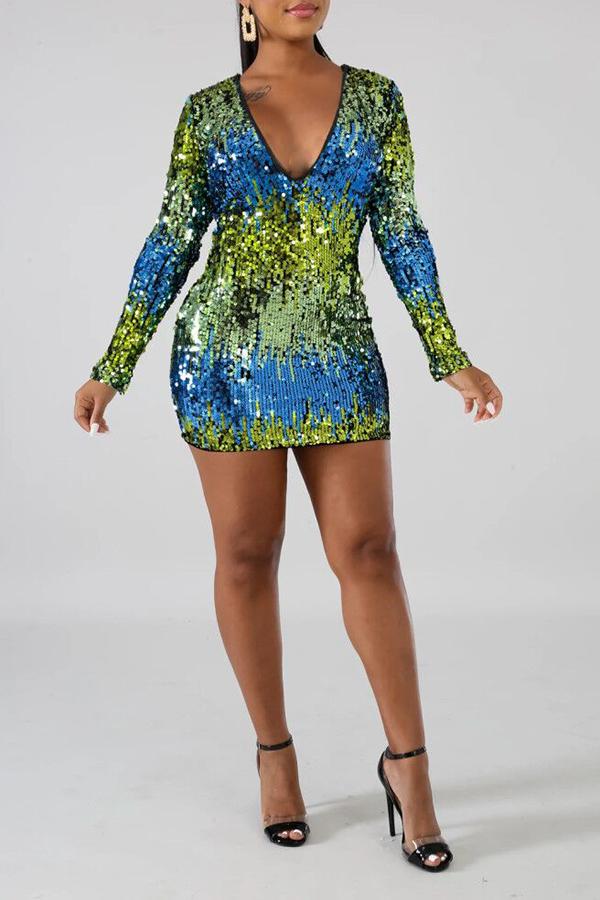 Sexy Deep V-neck Gradient Sequin Mini Dress