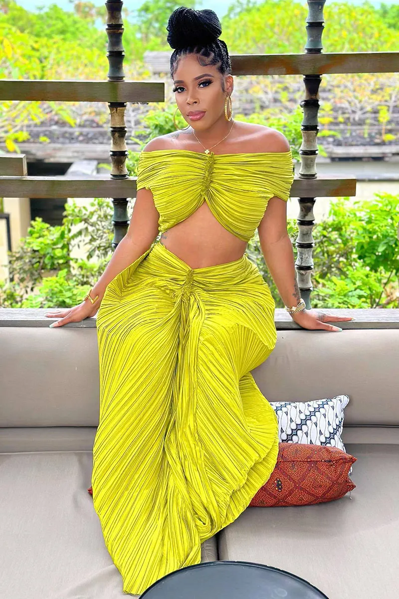 Pleated Off Shoulder Short Sleeve Crop Top Bodycon Maxi Skirt Vacation ...