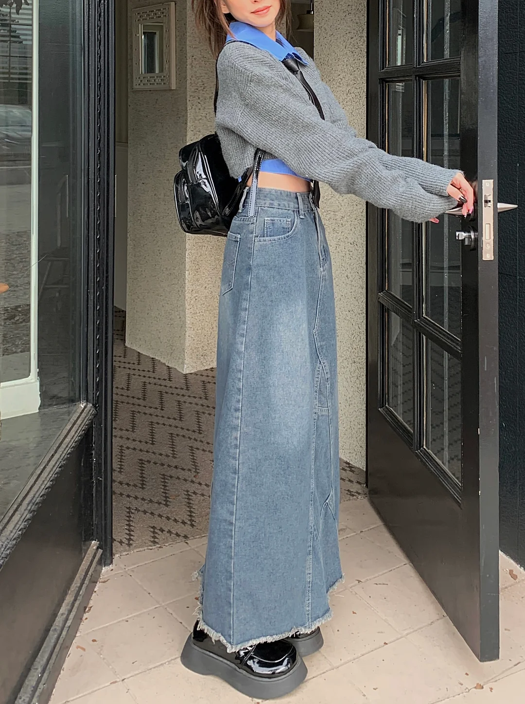 VINTAGE SPLIT DENIM MIDI SKIRT VINTAGE SPLIT DENIM MIDI SKIRT