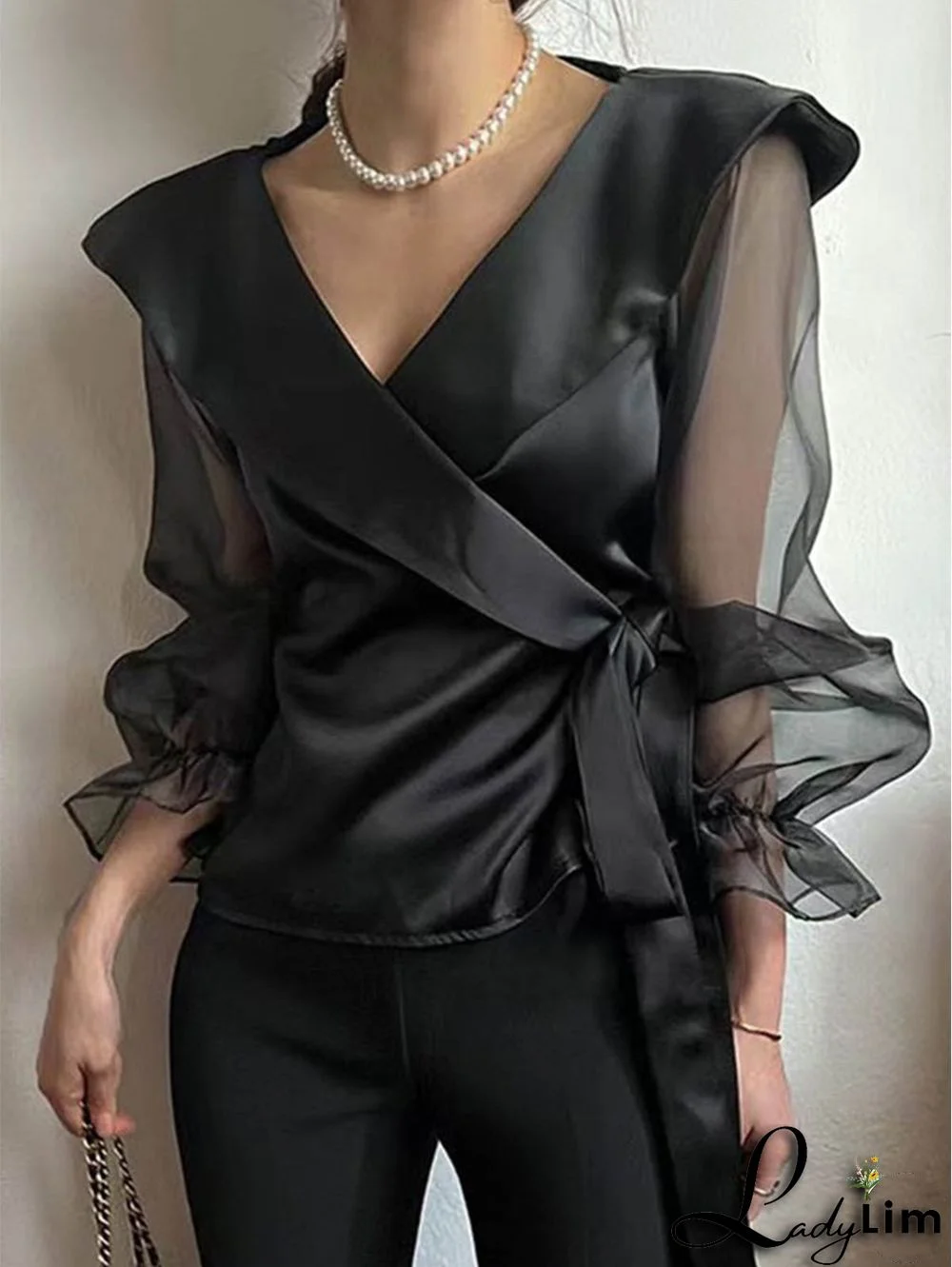 Elegant Plain Surplice Neck Long Sleeve Lace Up Blouse - Ladylim