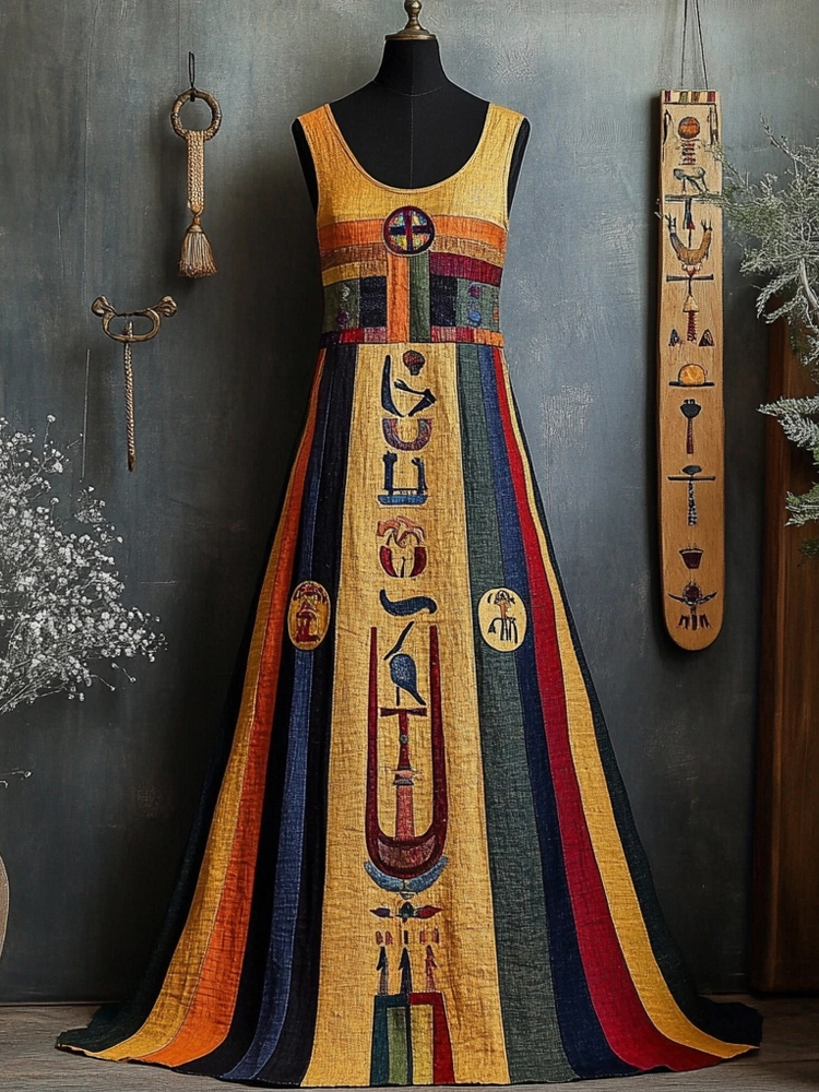 Ancient Egyptian Elements Inspired Flowy Linen Maxi Dress