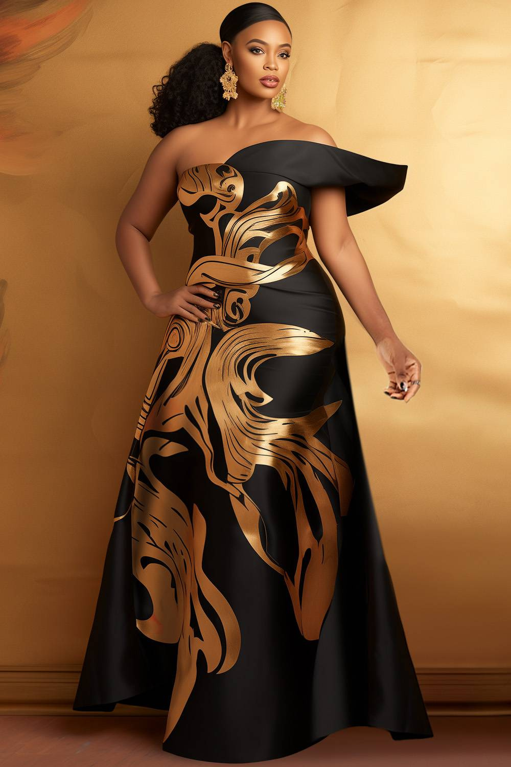 Xpluswear Design Plus Size Formal Gold Floral One Shoulder Satin Maxi ...