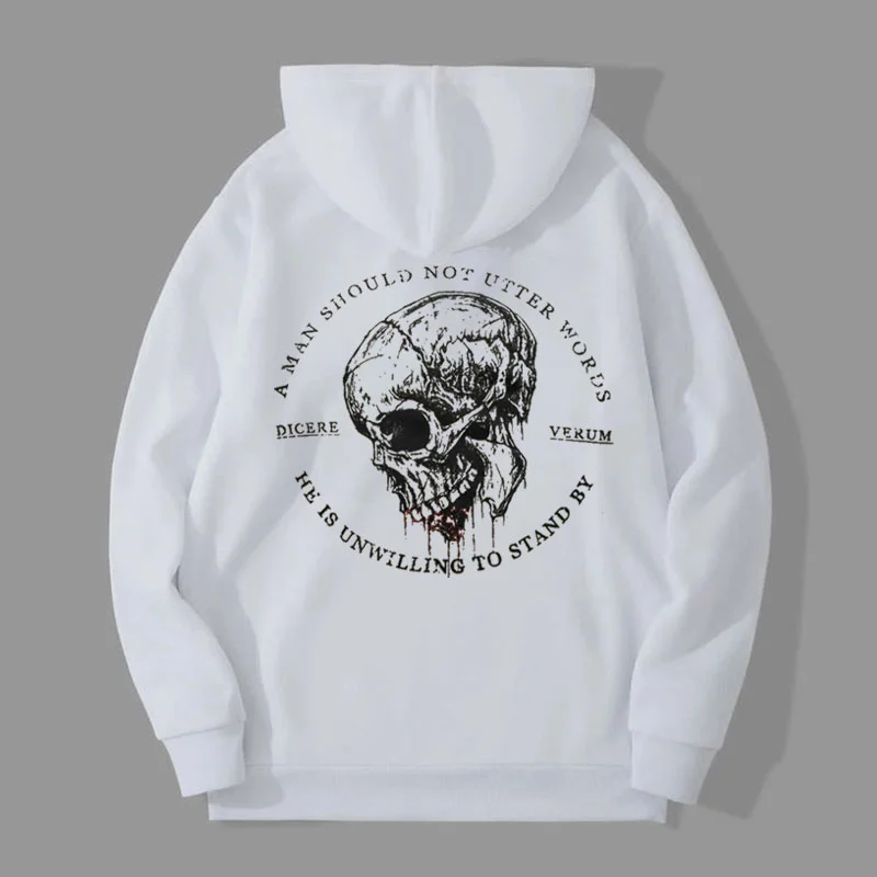 A MAN SHOULD NOT UTTER WORDS Skull Casual Graphic Print White Hoodie