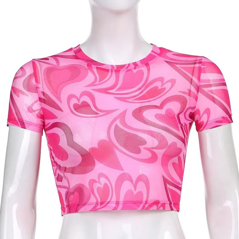 HEART PRINT MESH CROP TOP