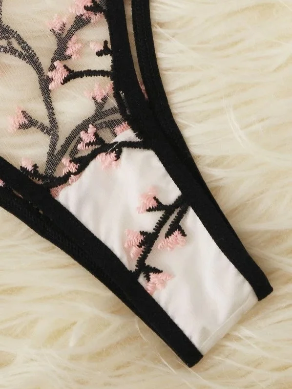 Black Ruffle Bra Transparent Erotic Top Thong Set