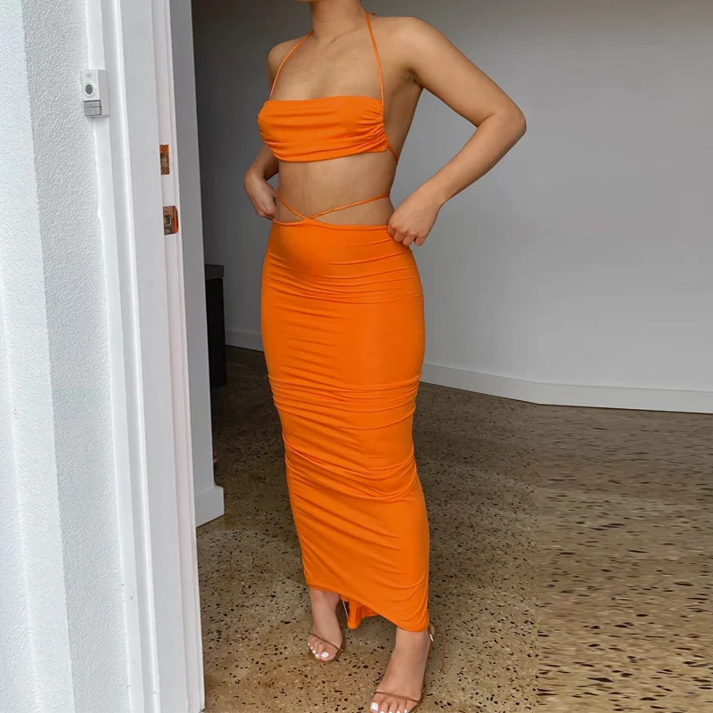 Uveng 2022 Summer Y2k Dress Sets Women Sexy Halter Backless Crop Top