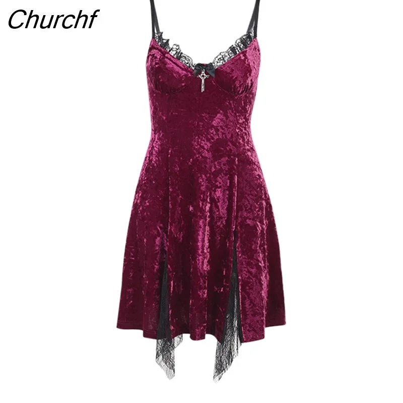 Churchf Y2K Gothic Vintage Sexy Mesh Velvet Mini Dress Grudge Aesthetic ...