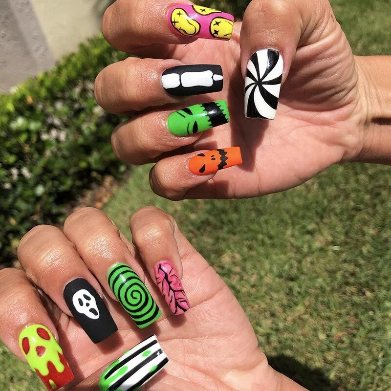 Churchf Halloween False Nails Black Pink Ghost Long Ballet Fake Nails ...
