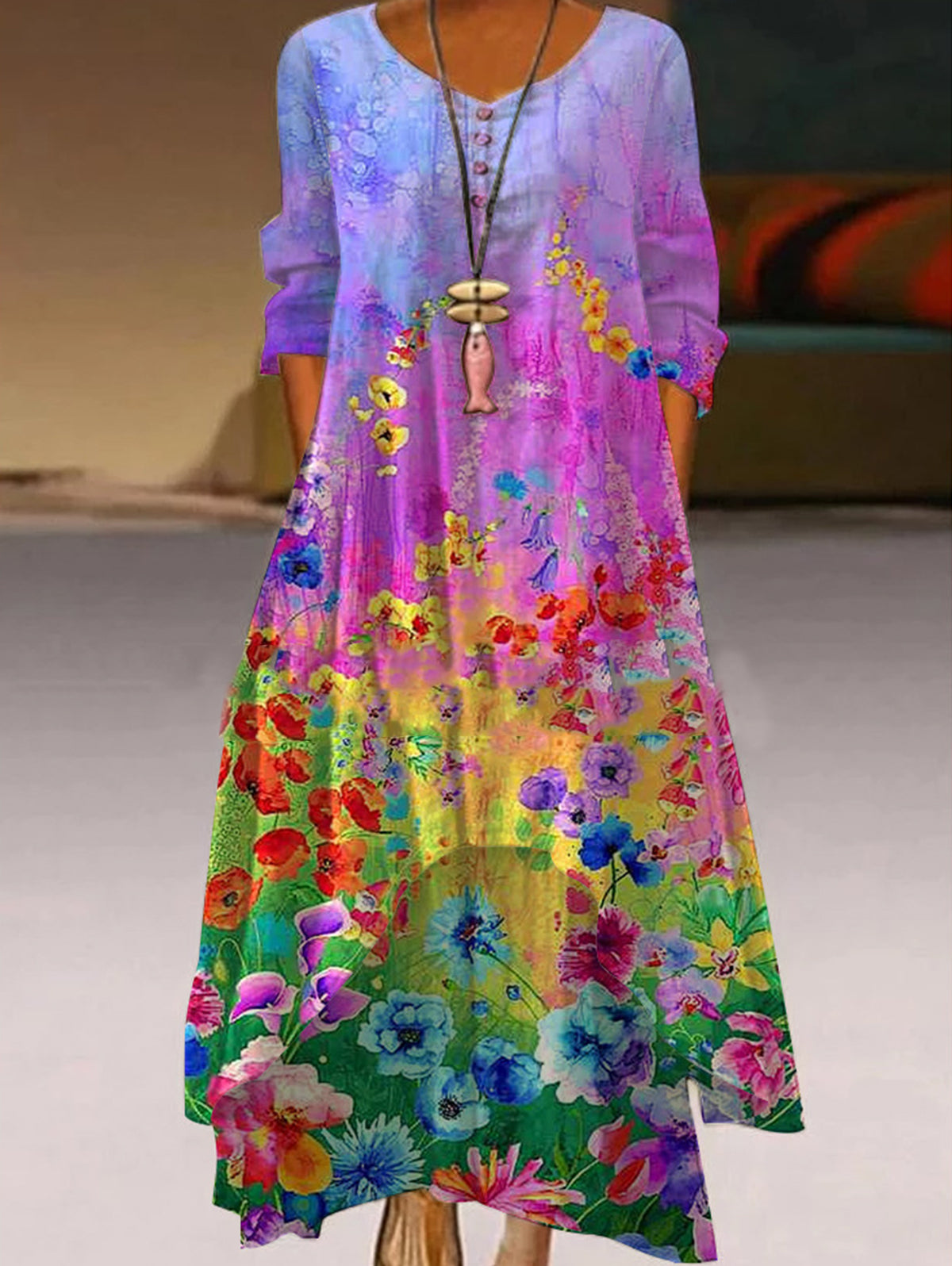 Color Oil Painting Two Layer Hem Dress - Ladylim