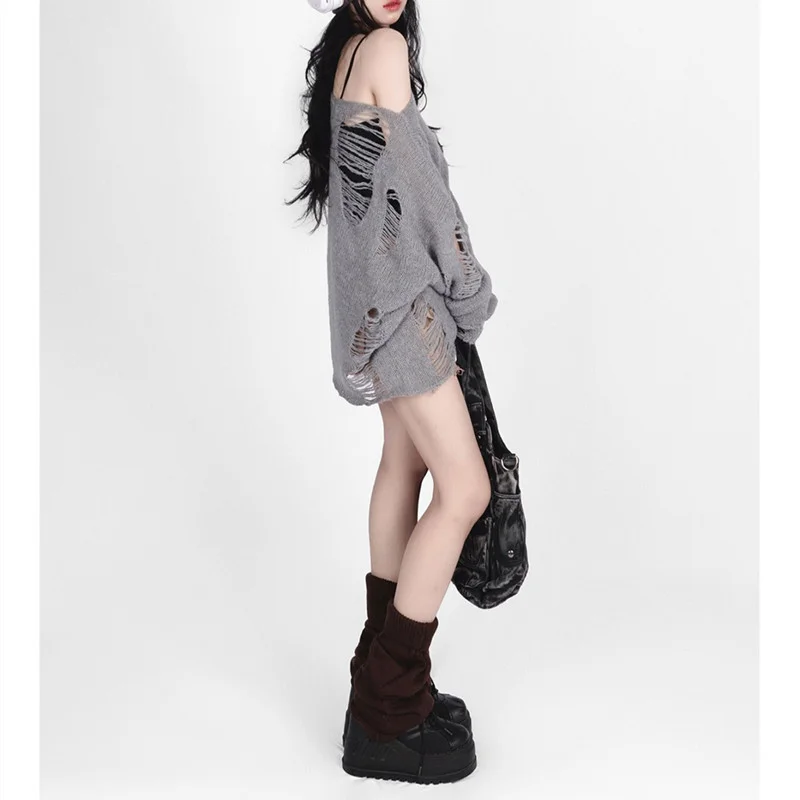 OBLIQUE SHOULDER RIPPED HOLLOW LONG SLEEVE KNIT TOP