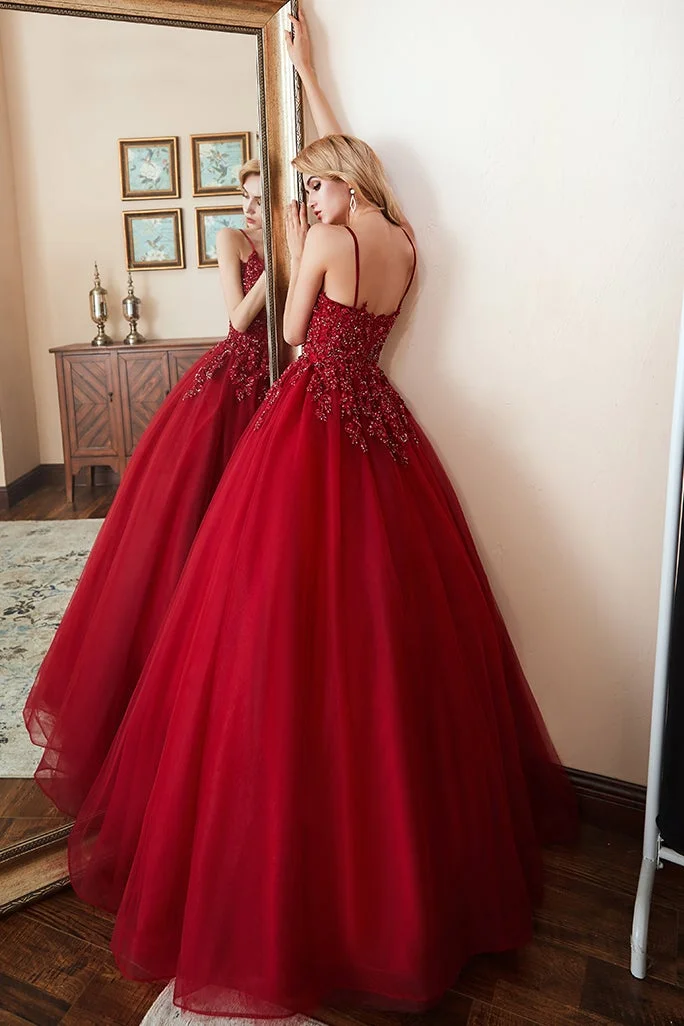Daisda Spaghetti-Straps Prom Dress Red With Appliques