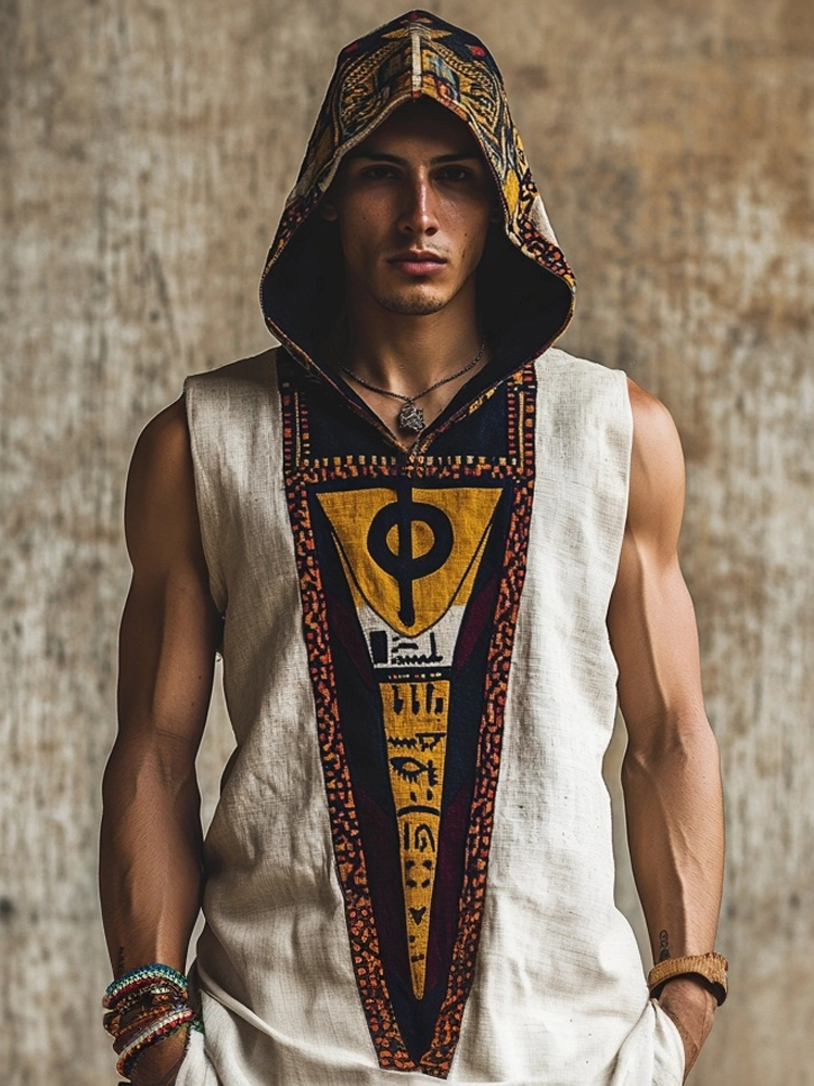 Men's Ancient Egyptian Inspired Hooded Linen Vest
