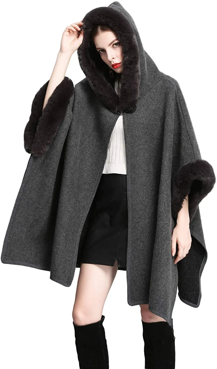 Women's Batwing Faux Fur Hooded Cloak Poncho Cape