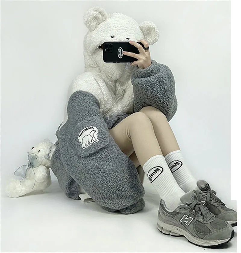 CONTRASTING LAMBSWOOL ZIPPER HOODED BEAR JACKET