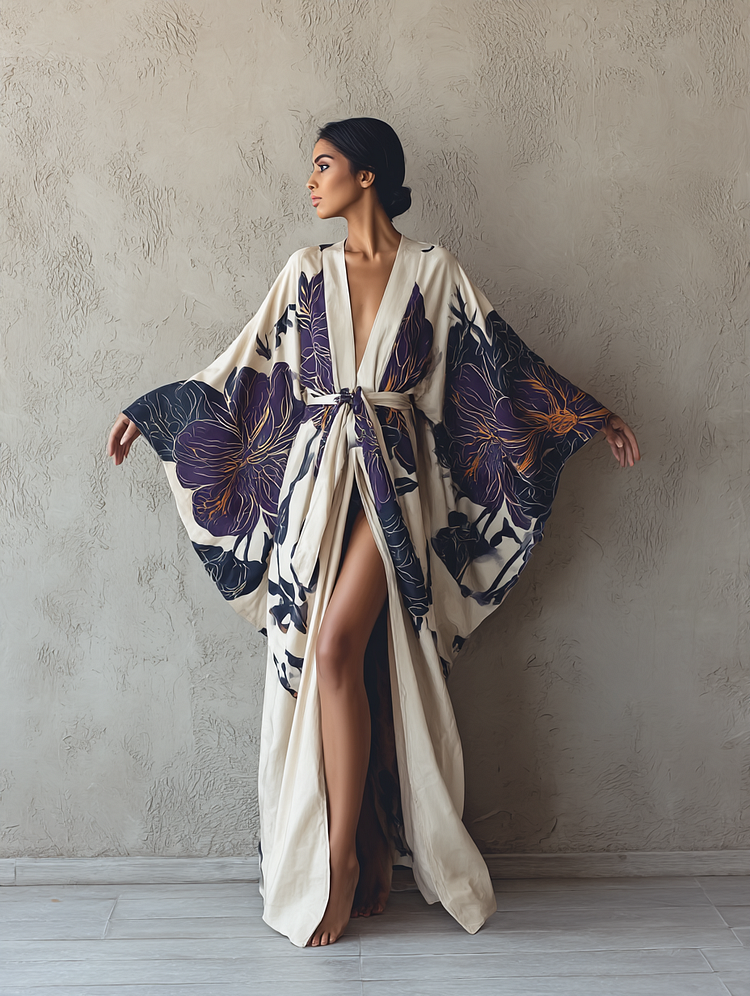Women's Violet Flower Kimono Linen Robe (Including Belt)