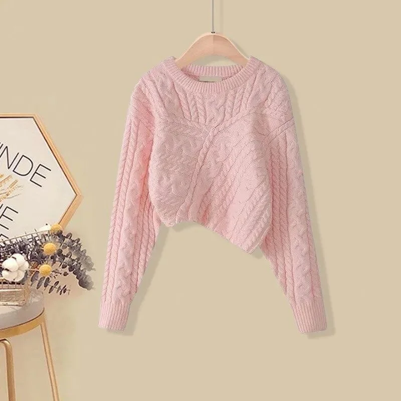 Colourp Women Spring Two Pieces Sets Korean Long Sleeve Deep V Neck Knitted Sweater And Ruffles