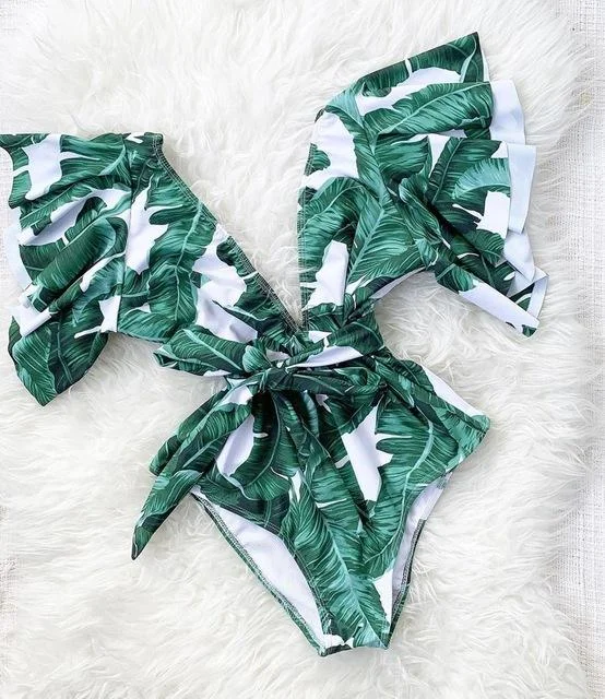 Sexy One Piece Swimwear Floral Deep-V Bathing Suit