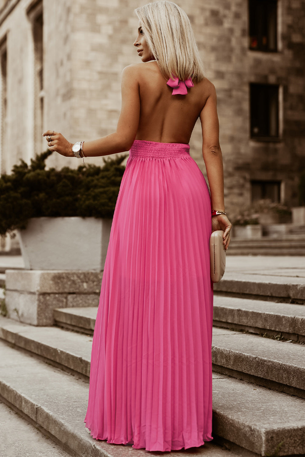 Pleated Halter Neck Backless Maxi Dress