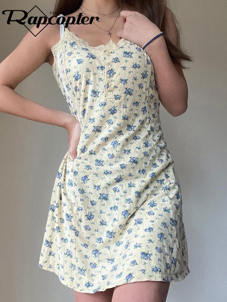 Rapcopter Y2k Small Floral Mini Dress Lace Button A Line Sundress Cute