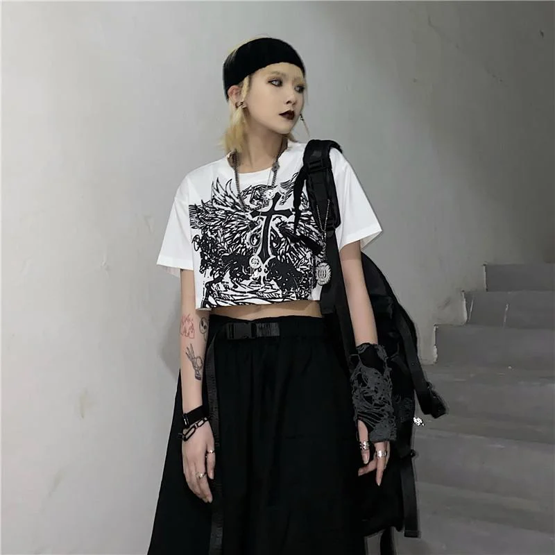 HARAJUKU CROSS PRINT CROP TOP