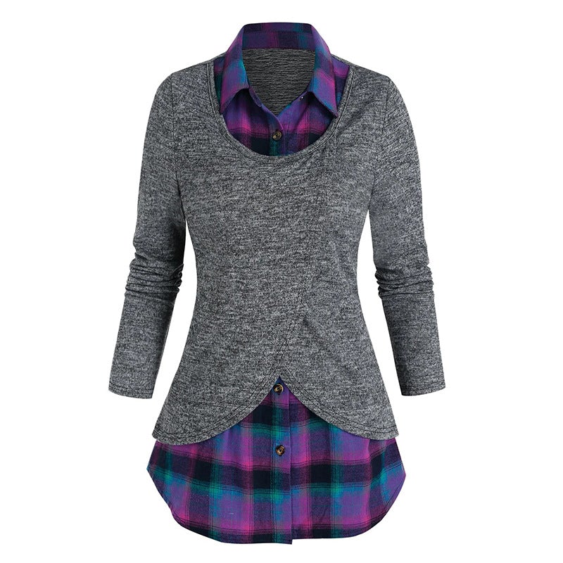 Women's Top Knitted Plaid Stitching Long Sleeves