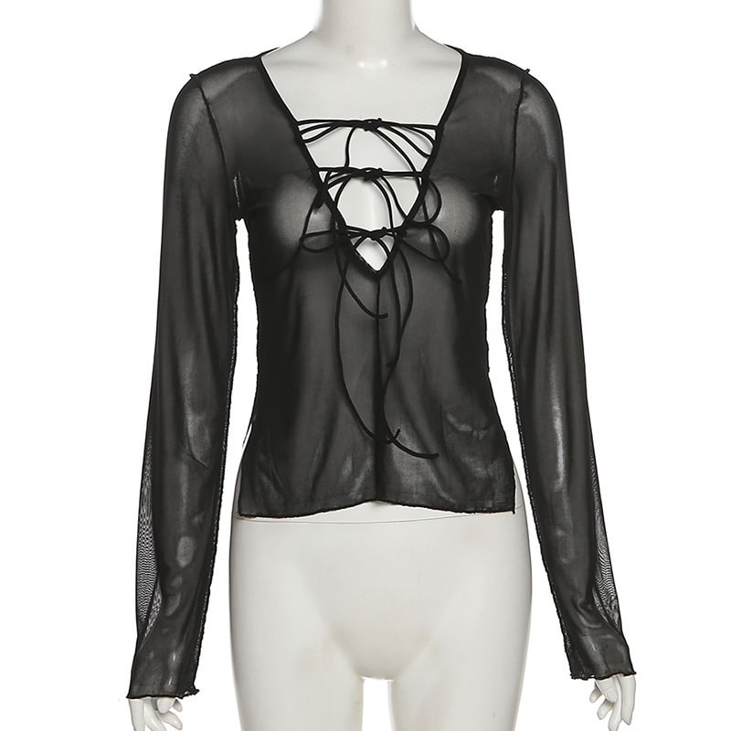LACE-UP MESH LONG SLEEVE T-SHIRT
