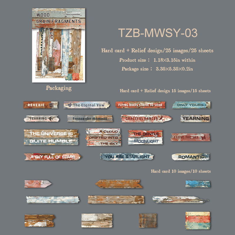 Wood Grain Fragment Series Vintage English Text Relief Landscape Sticker