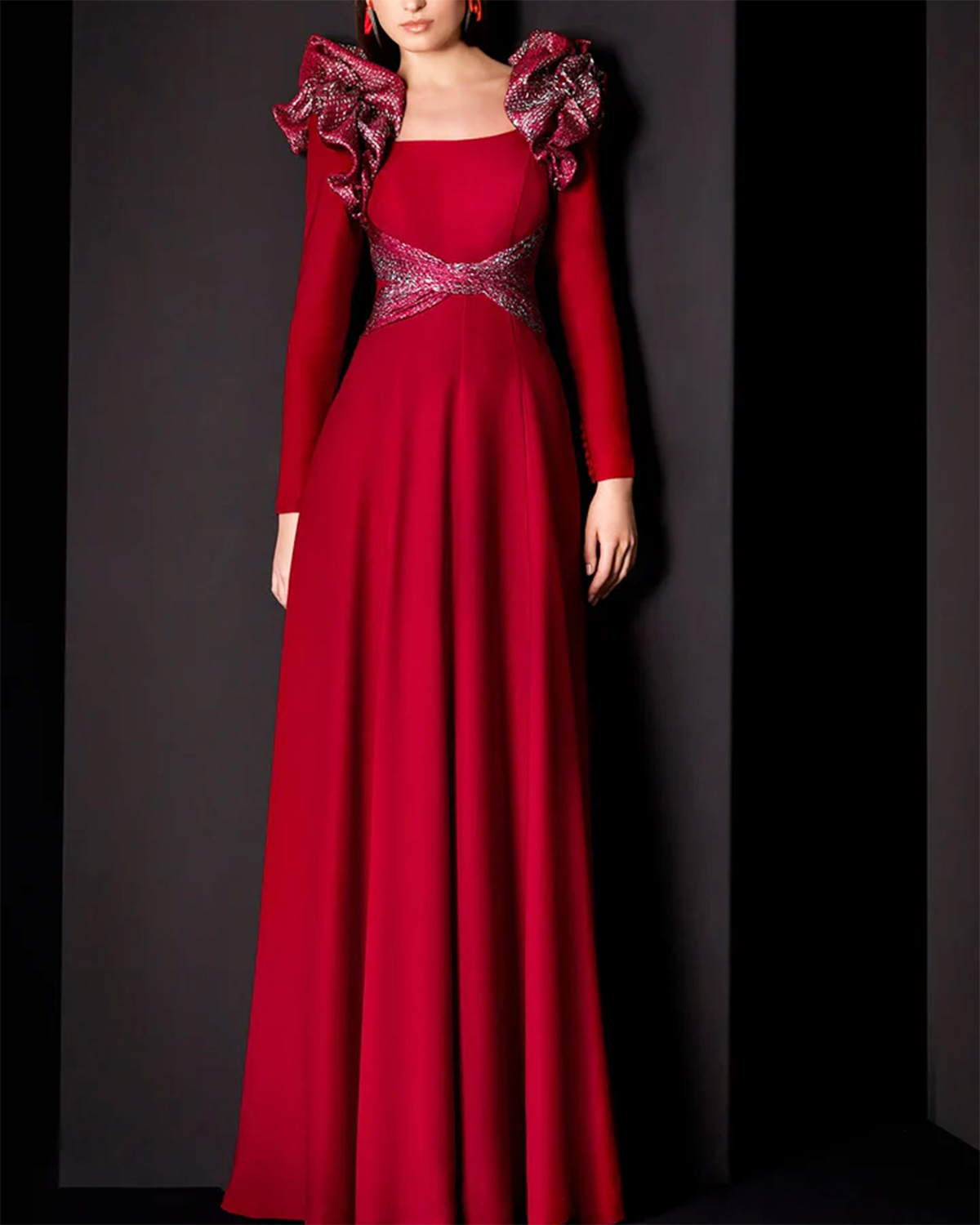 Women's Long Sleeve Square Neck Red Dress