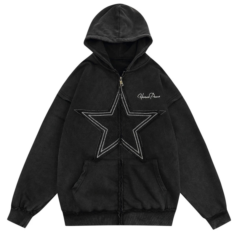 Y2K STAR PATCH EMBROIDERED ZIP UP HOODIE