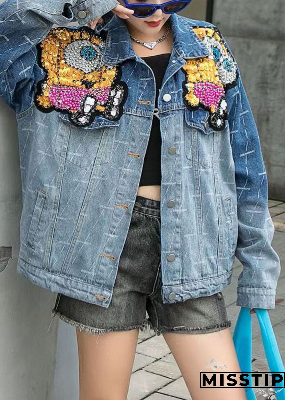 Art Blue Peter Pan Collar Patchwork Button Nail bead Fall Denim Coat ...