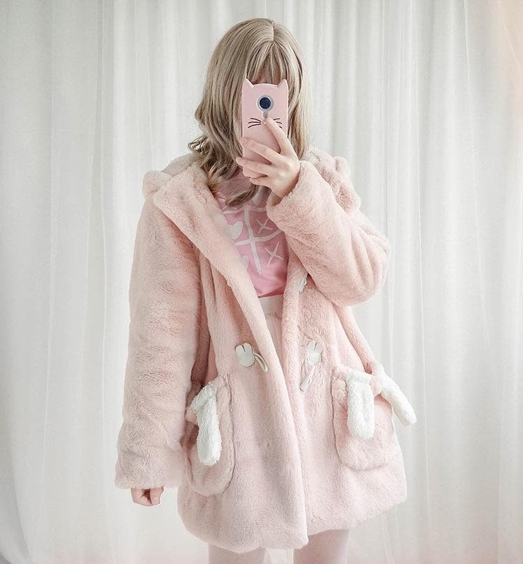 Pink Cute Fluffy Bunny Jacket Coat SP1710981
