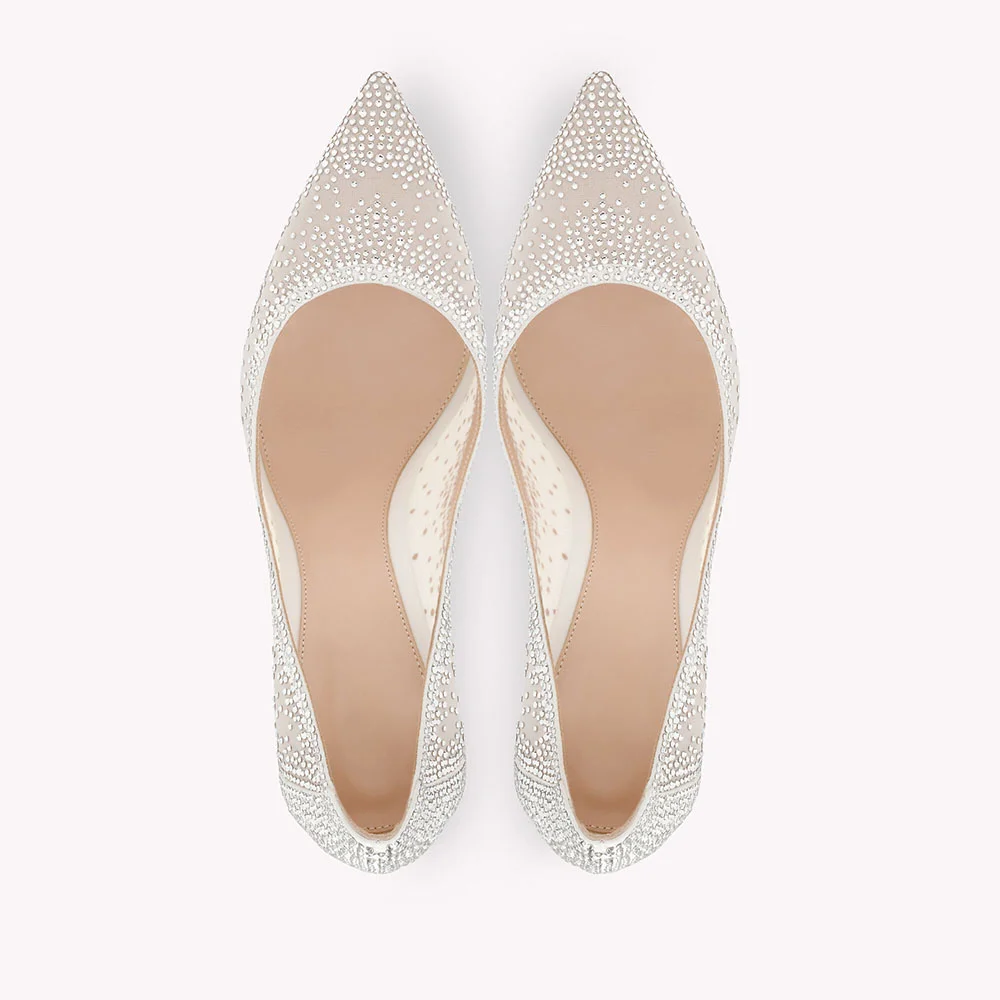 Ivory Mesh Pointed Toe 4'' Stiletto Heel Rhinestone Pumps