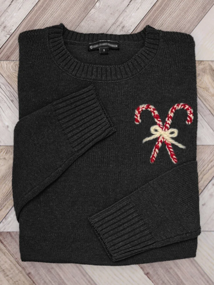 Comstylish Christmas Candy Cane Embroidered Cozy Knit Sweater