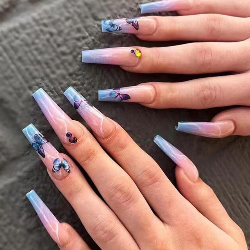 Churchf Extra Long Ombre Coffin Press on Nails with Designs Butterflies ...