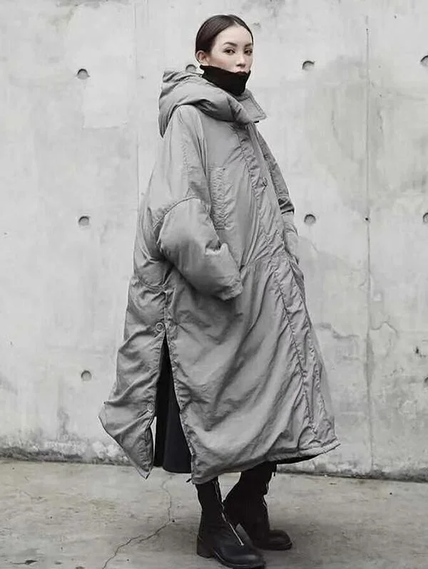 Oversized Quilted Long Coat with Split-Side and Detachable Hat ...