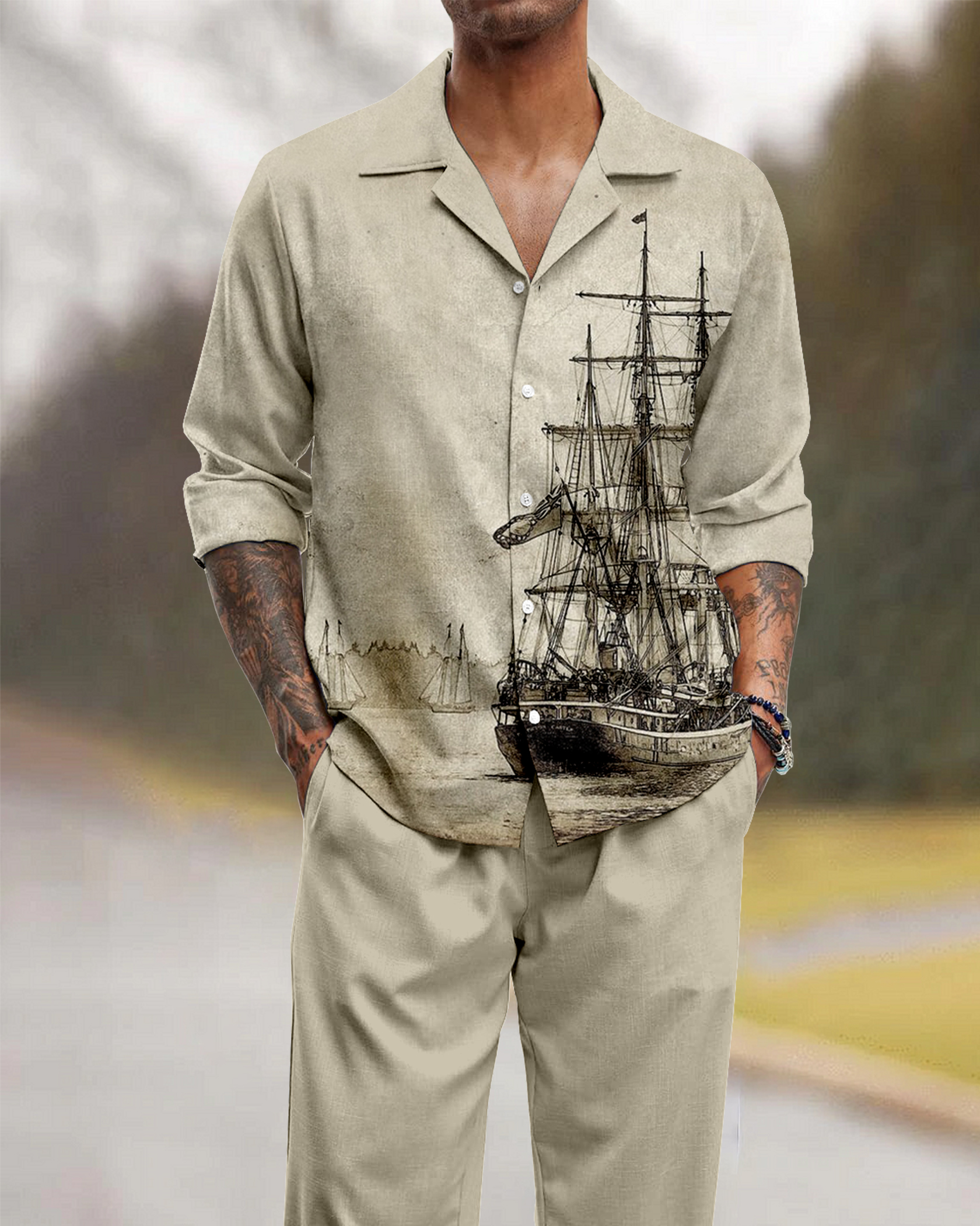 Men's Nostalgic Sailing Ship Long Sleeve Walking Suits-0079