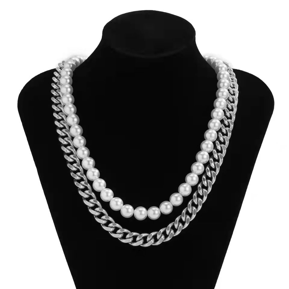 CHUNKY CHAIN PEARL DOUBLE LAYER NECKLACE